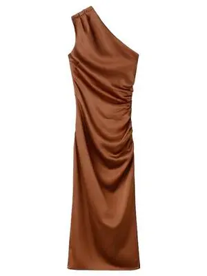 Mango Ruched One-shoulder Maxi Dress - Copper