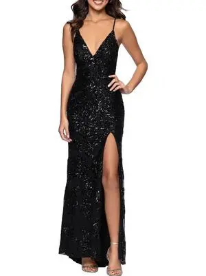 BLONDIE NITES Sequin Rose Lace-up Mermaid Gown - Black