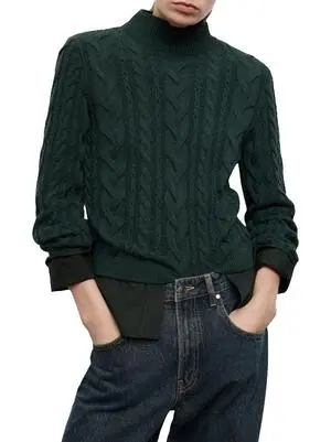 Mango Cable Stitch Mock Neck Sweater - Green