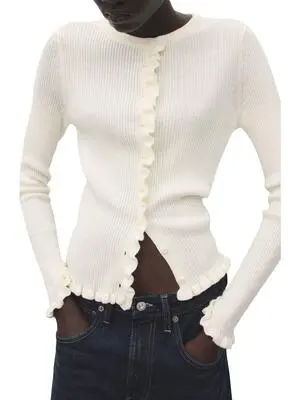 Mango Ruffle Trim Ribbed Cardigan - Ecru