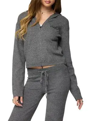 EDIKTED Ayah Knit Zip Crop Hoodie - Dark-gray-melange
