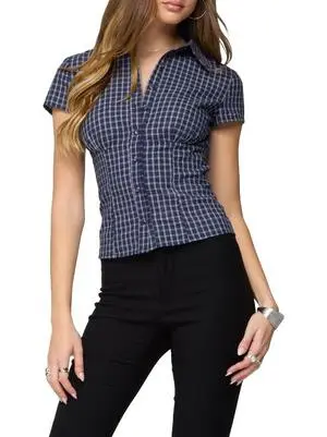 EDIKTED Oriya Gingham Button-up Blouse - Navy
