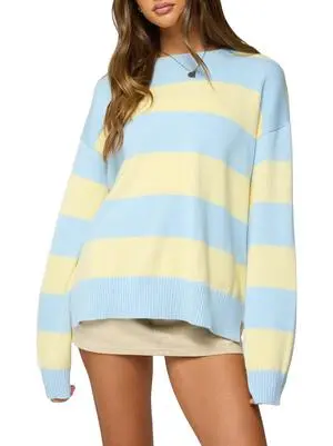 EDIKTED Riley Stripe Oversized Cotton Sweater - Light-blue-and-yellow