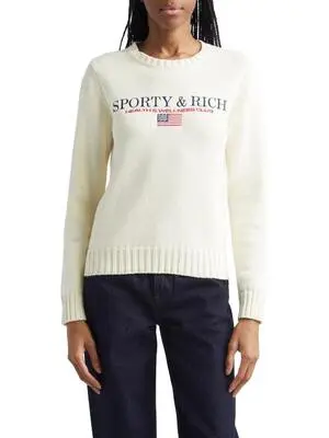 SPORTY & RICH Nautical Embroidered Cotton Crop Sweater - Ecru