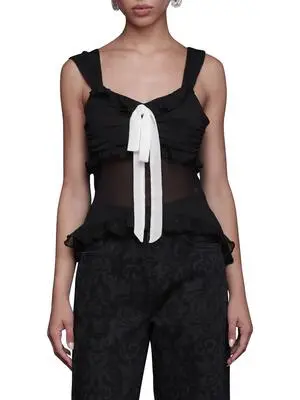 Avec Les Filles Sheer Ruffle Tank With Tie Neck - Black