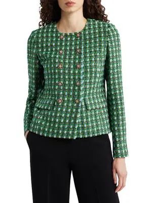 Elie Tahari Eleni Double-breasted Tweed Blazer - Parrot Green Tweed