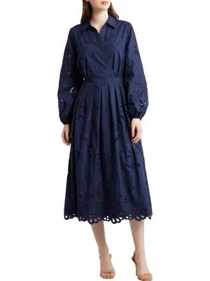 Elie Tahari Zoya Long Sleeve Cotton-blend Shirt Dress - Navy