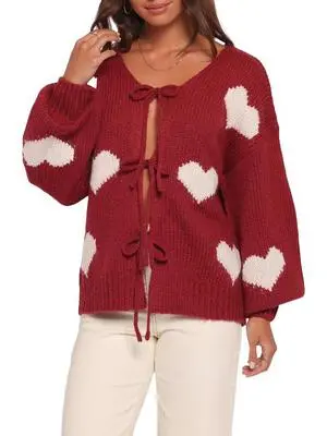 PETAL & PUP Hearts Tie-front Cardigan - Wine