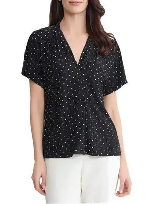 KASPER Polka Dot Pleated Shoulder Top - Black/vanilla Ice