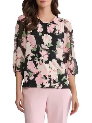 KASPER Floral Shirred Neck Top - Black Multi