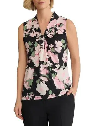 KASPER Floral Knot-front Top - Black Multi