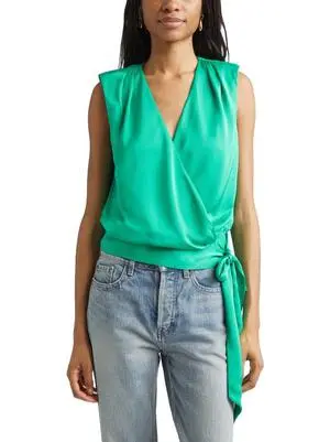 Ramy Brook Salina Sleeveless Satin Wrap Top - Bright Palm