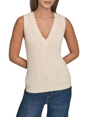 Donna Karan New York V-neck Knit Sweater Tank - Cream/silver