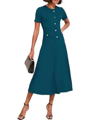 FRIENDS LIKE THESE Decorative Button Drop Waist Midi Dress - Teal Blue