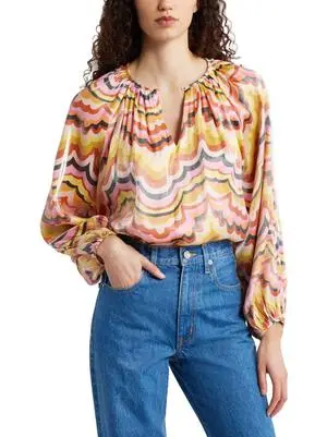 CIEBON Oriana Wave Print Satin Blouse - Pink Multi