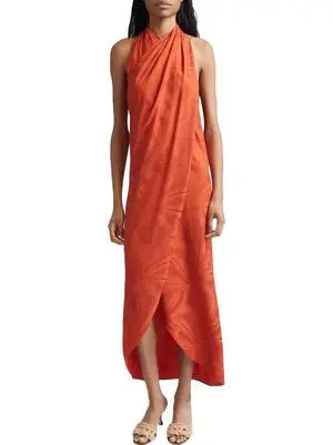 Johanna Ortiz Silent Water Palm Jacquard Drape Satin Top - Rust
