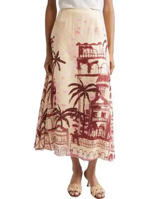 Johanna Ortiz Tropical Print Linen A-line Skirt - Ecru/wine