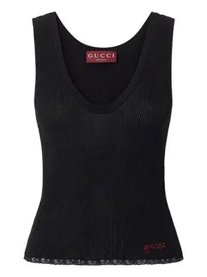 Gucci Embroidered Lace-trimmed Ribbed-knit Cotton Tank Top - Black