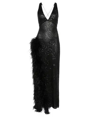 ATU BODY COUTURE Feather-trim Sequined Maxi Dress - Black