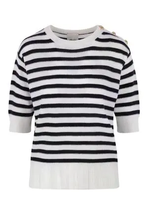 ALLUDE Striped Short-sleeve T-shirt With Button Detail - Black