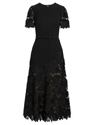 Oscar De La Renta Belted Guipure Lace-paneled Wool-blend Midi Dress - Black