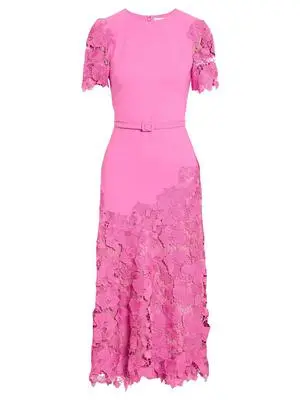 Oscar De La Renta Belted Guipure Lace-paneled Wool-blend Midi Dress - Magenta