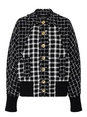 Balmain Frayed Checked Bouclé-tweed Bomber Jacket - Black