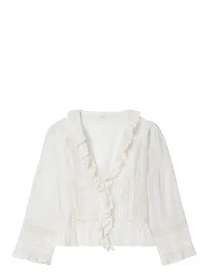 DÔEN DÔEN Eldoris Lace-Trimmed Pintucked Blouse Neutrals