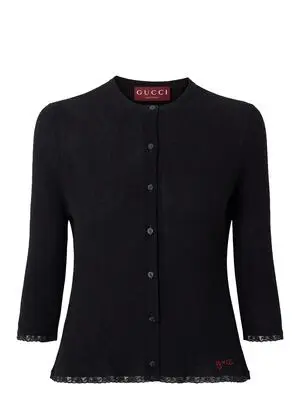 Gucci Embroidered Lace-trimmed Ribbed-knit Cotton Cardigan - Black
