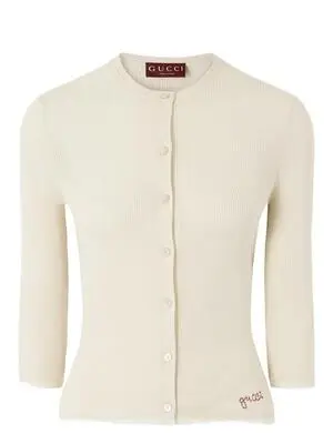 Gucci Embroidered Lace-trimmed Ribbed-knit Cotton Cardigan - Off-white