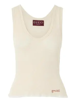 Gucci Embroidered Lace-trimmed Ribbed-knit Cotton Tank Top - Off-white