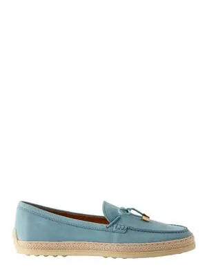 TOD'S Raffia-trimmed Suede Loafers With Bow Detailing - Blue