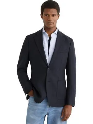 REISS Tailored-fit Flannel Single-breasted Blazer With Wool - Navy