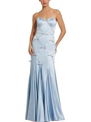 Mac Duggal Strapless Satin Mermaid Gown With Bows - Powder Blue Silver