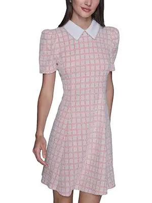Karl Lagerfeld Paris Short Puff Sleeve Tweed Dress - Hot Coral/ Soft White