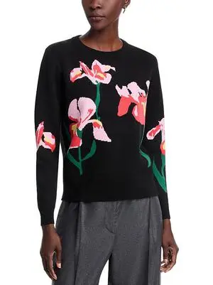 T Tahari Long Sleeve Flower Jacquard Crewneck Pullover - Black/ Orchid Pink