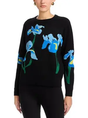 T Tahari Long Sleeve Flower Jacquard Crewneck Pullover - Black/ Twilight