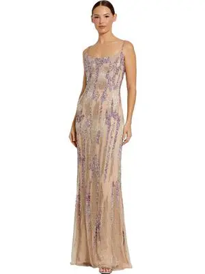 Mac Duggal Beaded Column Gown - Nude