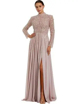 Mac Duggal Embellished Long Sleeve Gown With Slit - Pink