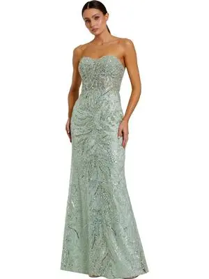 Mac Duggal Beaded Sequin Strapless Trumpet Gown - Green