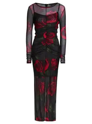 Good American Floral-print Ruched Mesh Maxi Dress - Dark Red