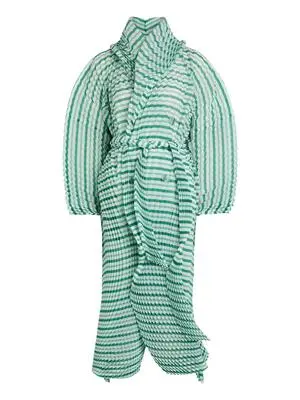 Issey Miyake Striped Pleated Woven Coat With Detachable Neck Tie - Green