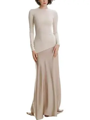 2310 STUDIO Asymmetric Long-Sleeve Maxi Dress Neutrals