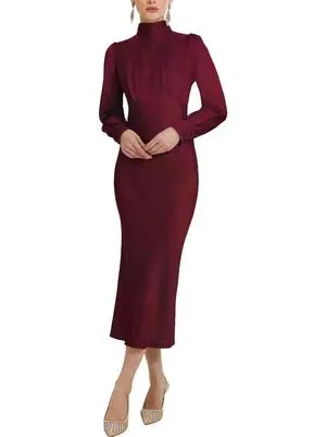FRAMBOISE Long-sleeve Silk Midi Dress - Red