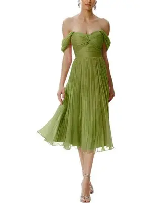 FRAMBOISE Kaly Pleated Off-shoulder Silk Midi Dress - Green
