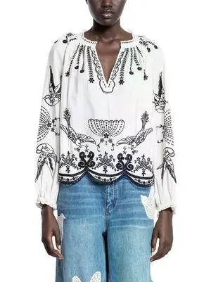 Sea Embroidered V-neck Blouse - White