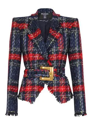 Balmain Belted Plaid Tweed Jacket - Red