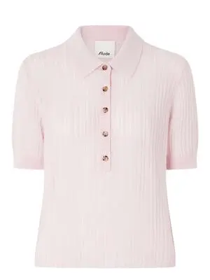 ALLUDE Ribbed-Knit Cashmere Polo Shirt Baby Pink