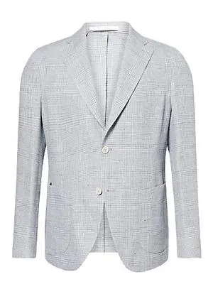 Eleventy Single-breasted Checked Linen And Wool-blend Jacket - Denim