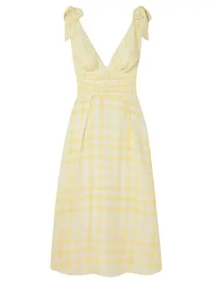 Rosie Assoulin Checked Lyocell And Linen-blend Midi Dress With Bow Detail - Yellow